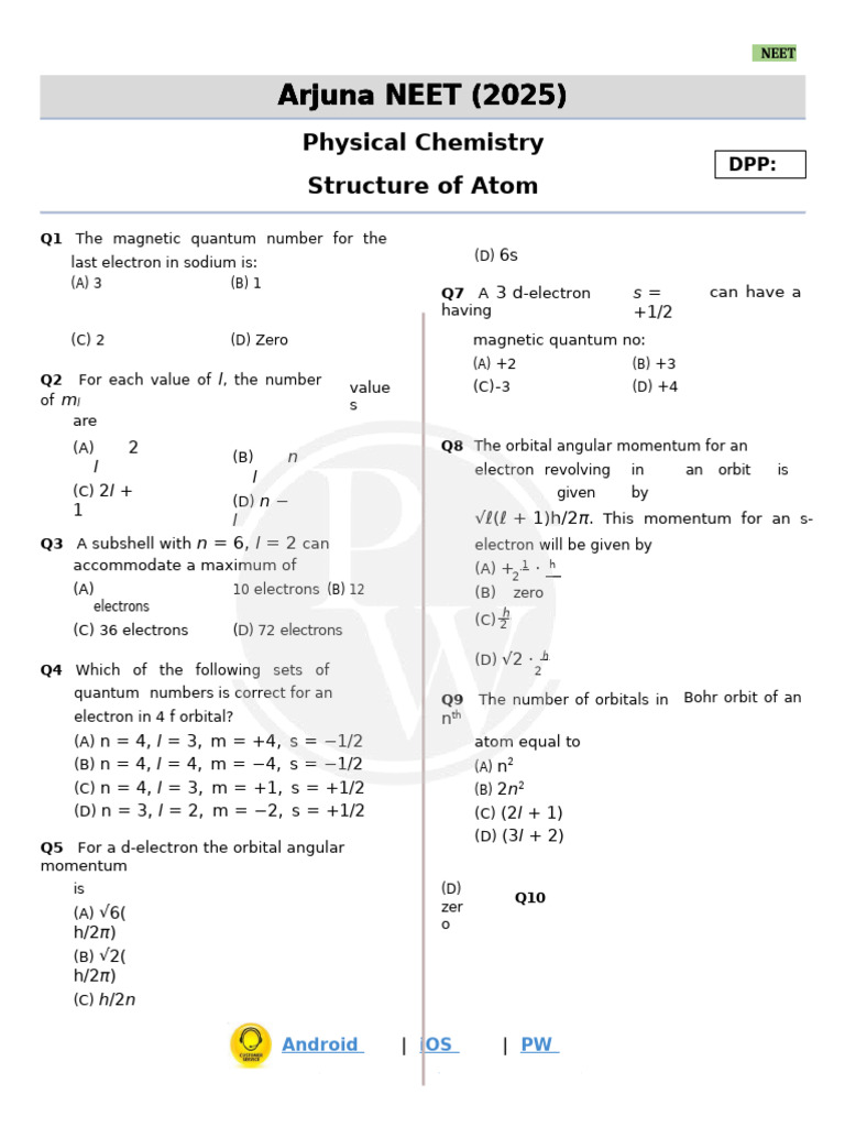 Structure Of Atom Dpp 10 Of Lecture 14 Arjuna Neet 2025 Pdf