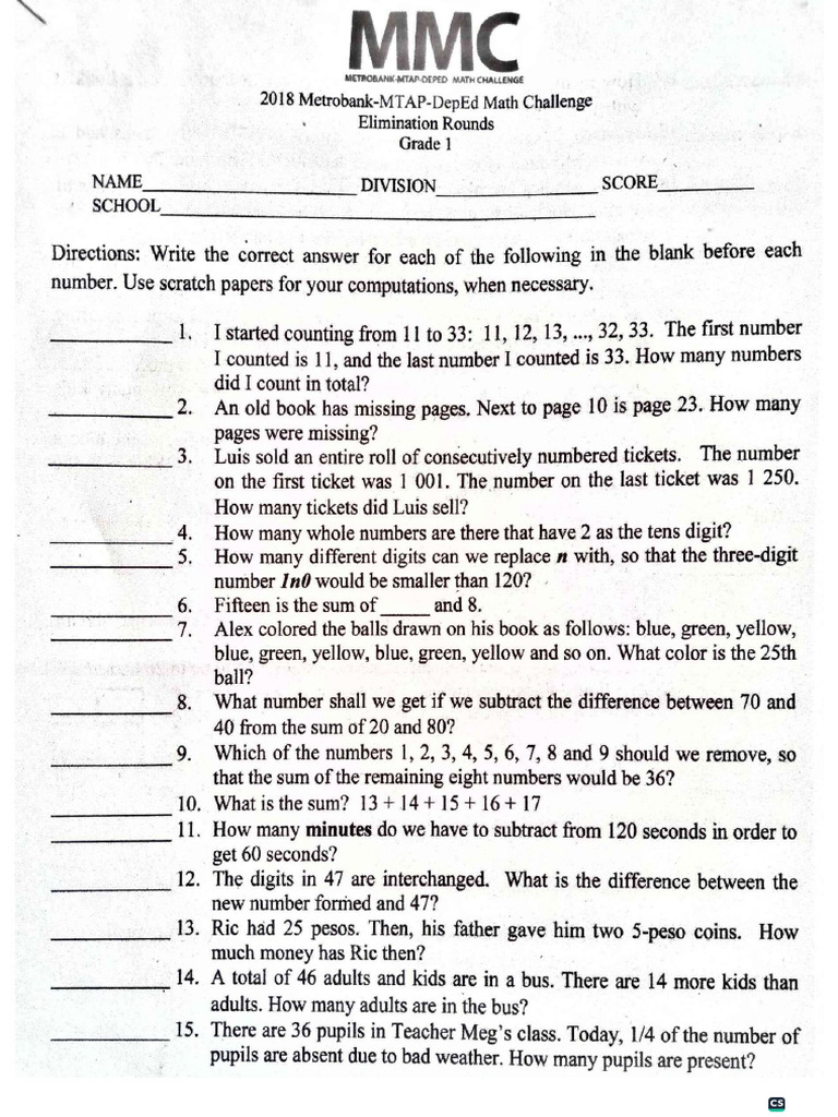 2018 Mtap Elimination Round Grade 1 Questions With Answers Solutions | PDF
