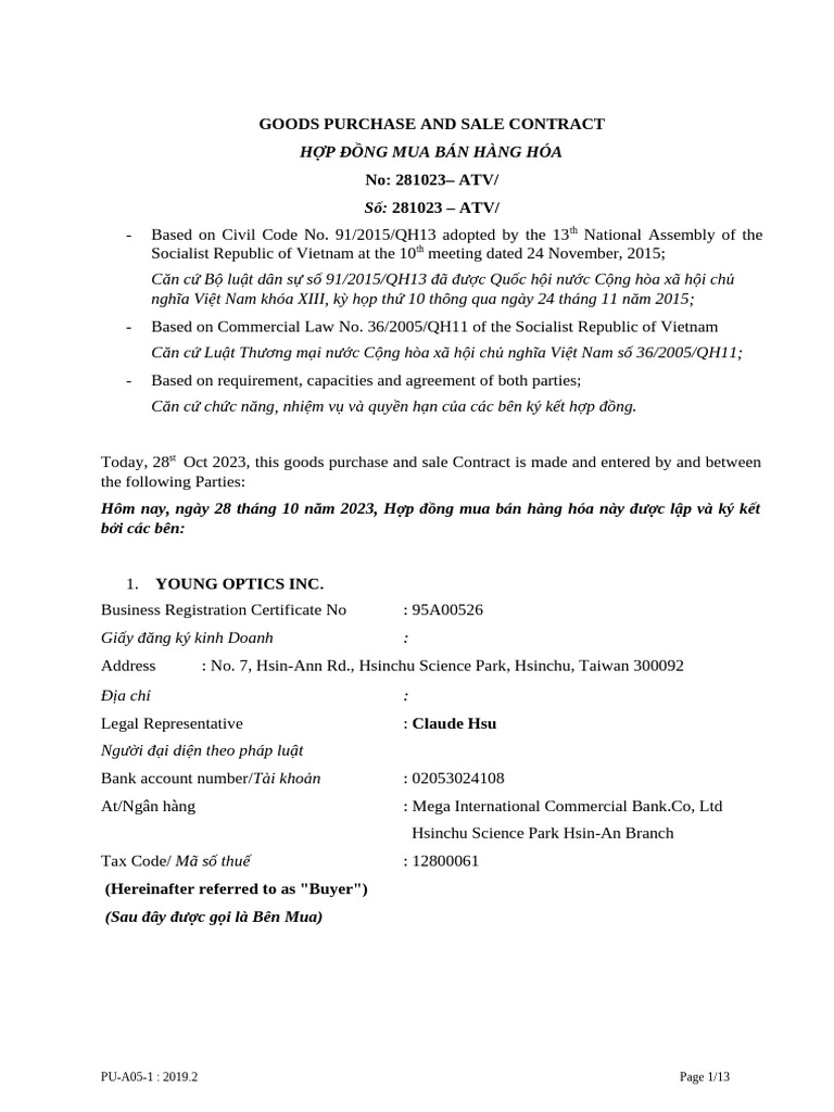 Goods Purchase and Sale Contract - Airtech - 281023-Atv | PDF