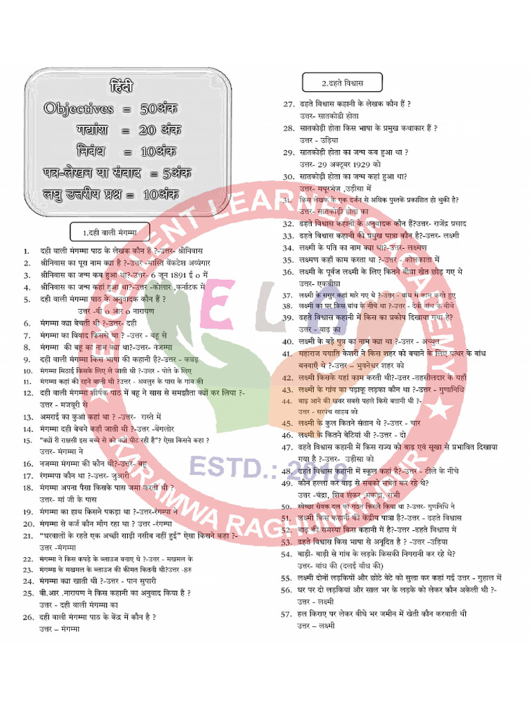 10th Full Hindi Notes (Excellent Learners Academy )(0) | PDF