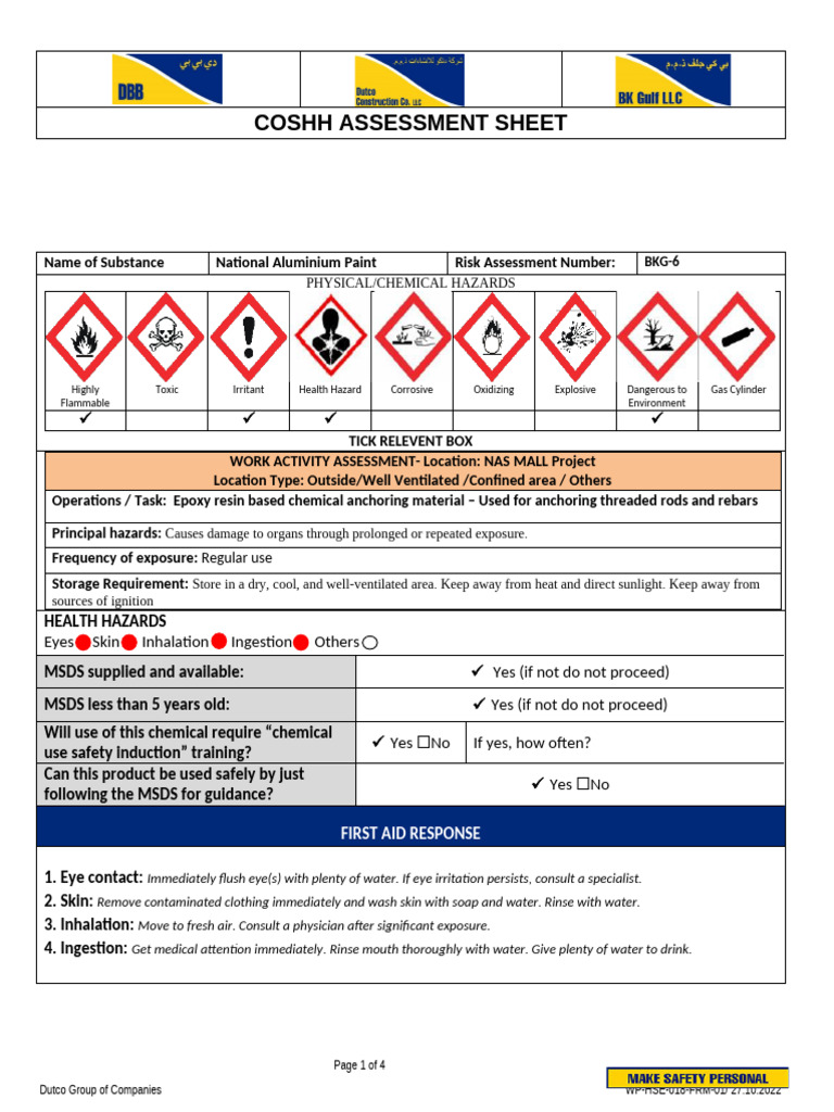 WP-HSE-018-FRM-01 - COSHH Assessment Sheet Issue2.0 - Aluminium Paint ...