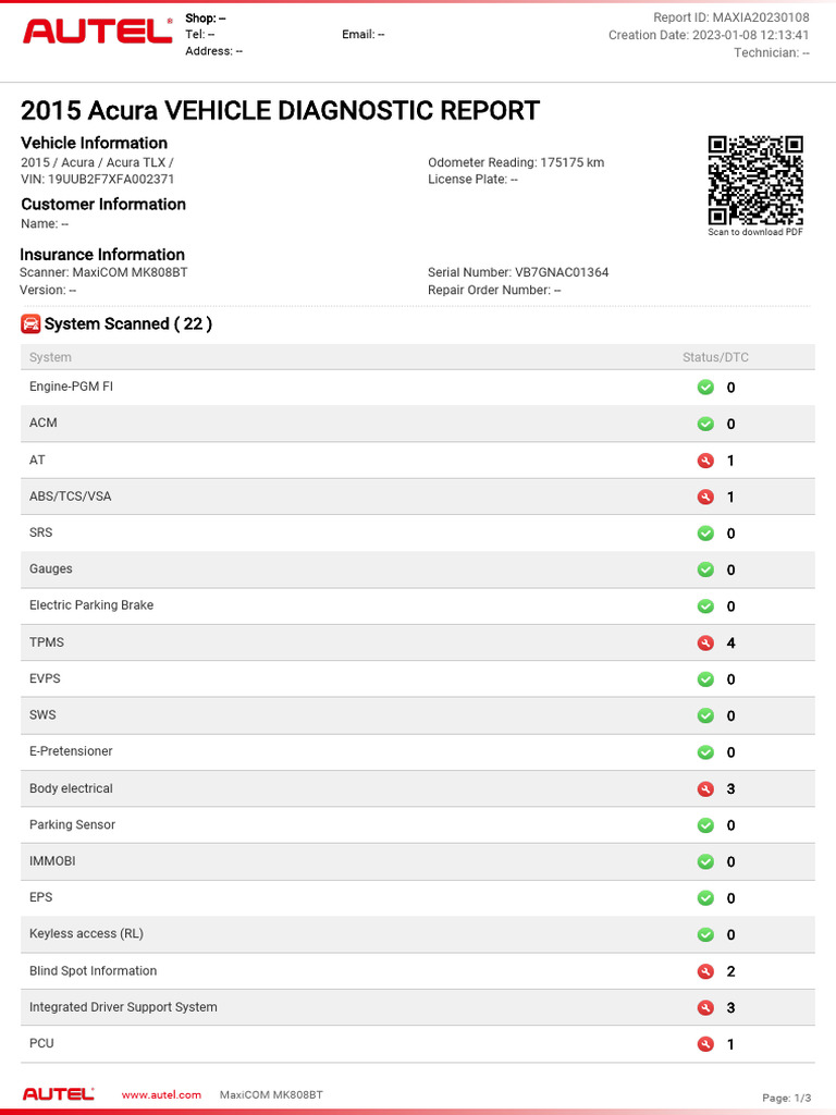 2015 Acura VEHICLE DIAGNOSTIC REPORT - 19UUB2F7XFA002371 ...