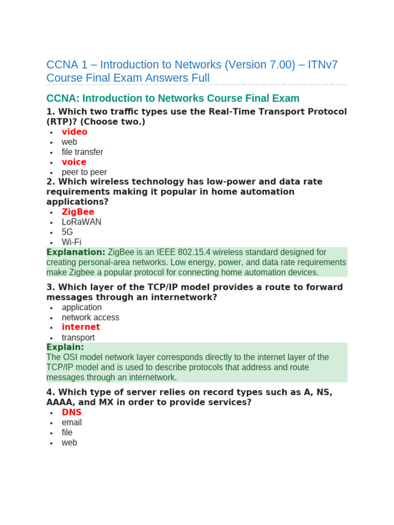 CCNA Introduction To Networks Course Final Exam | PDF | Computer Network | I Pv6