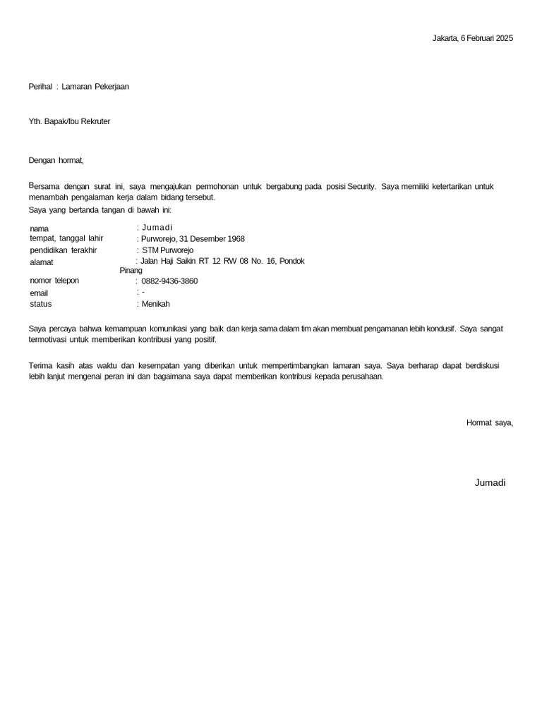 Contoh Lamaran Pekerjaan Security | PDF