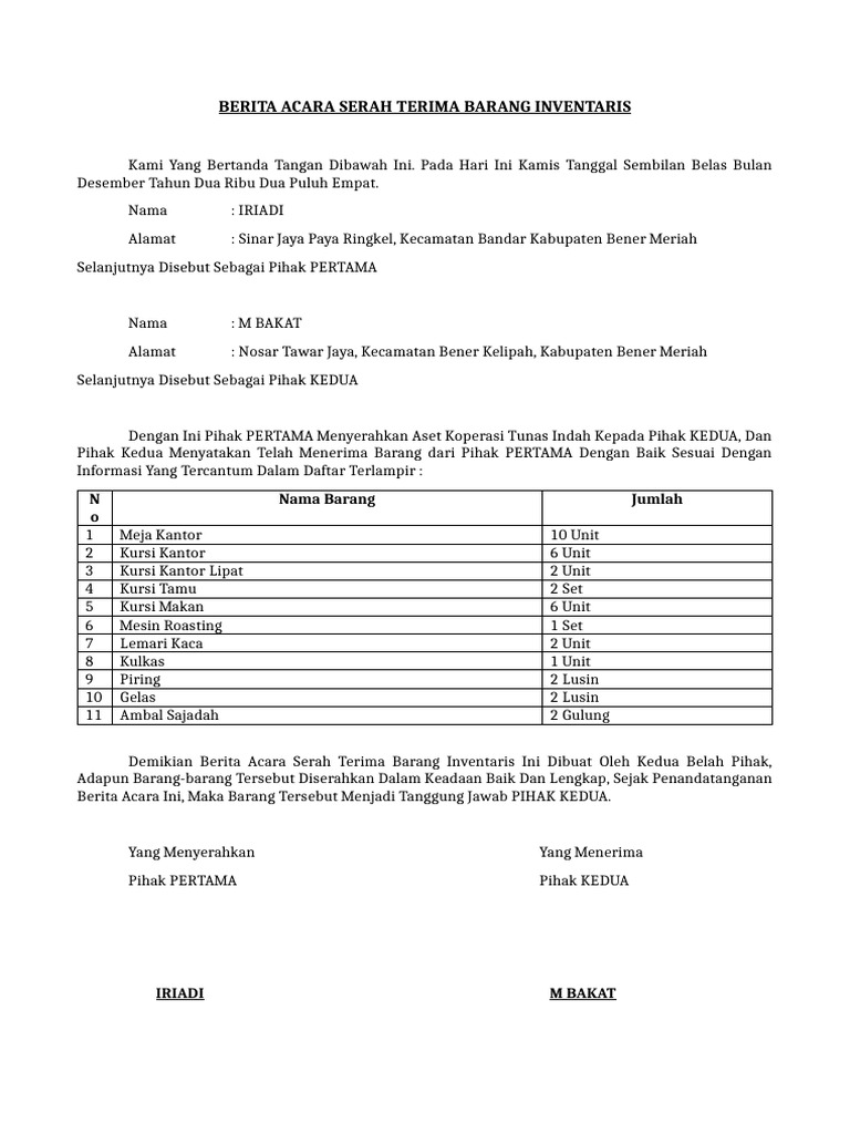 Berita Acara Serah Terima Barang Inventaris | PDF