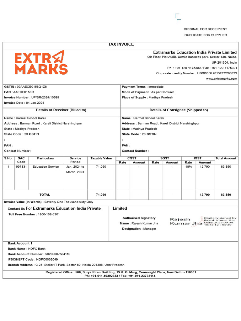 Extramarks Education Tax Invoice | PDF