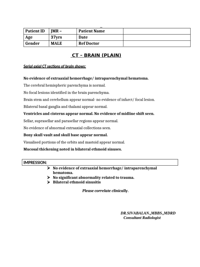 CT Brain Report: Normal Findings & Sinusitis | PDF
