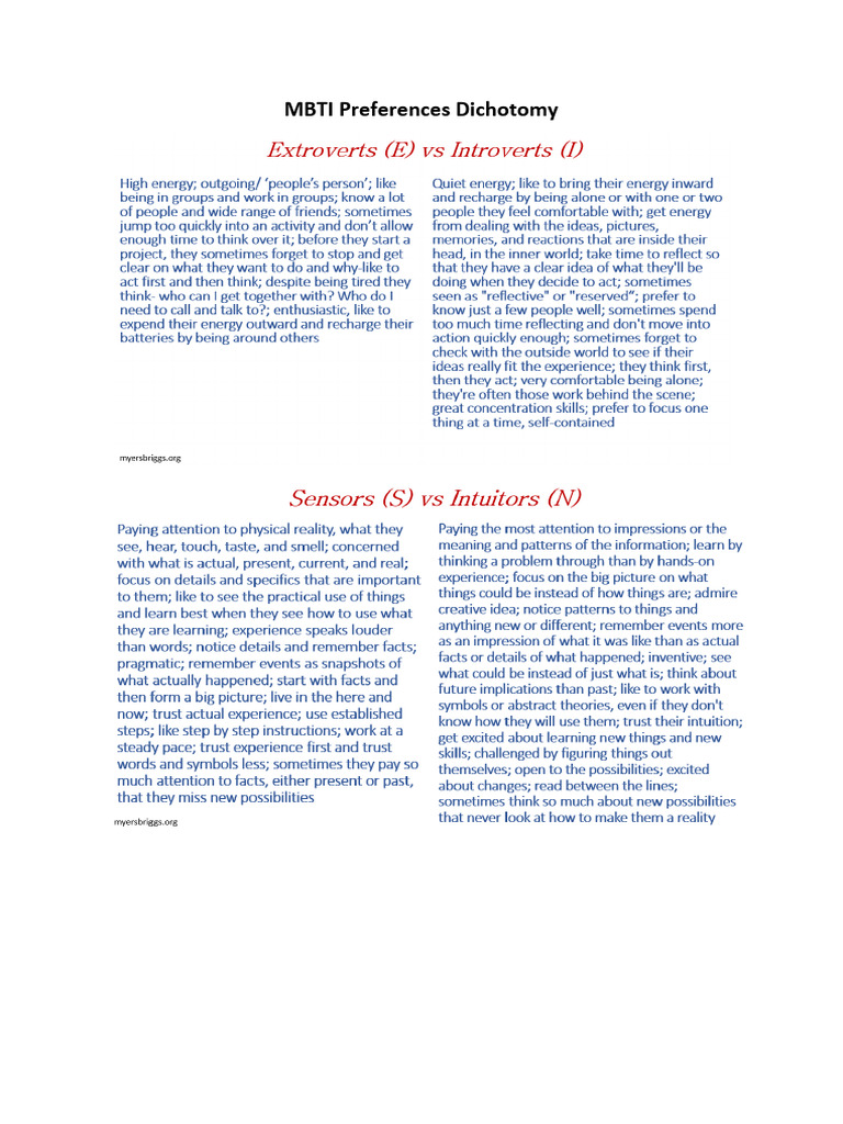 MBTI Preferences Dichotomy | PDF