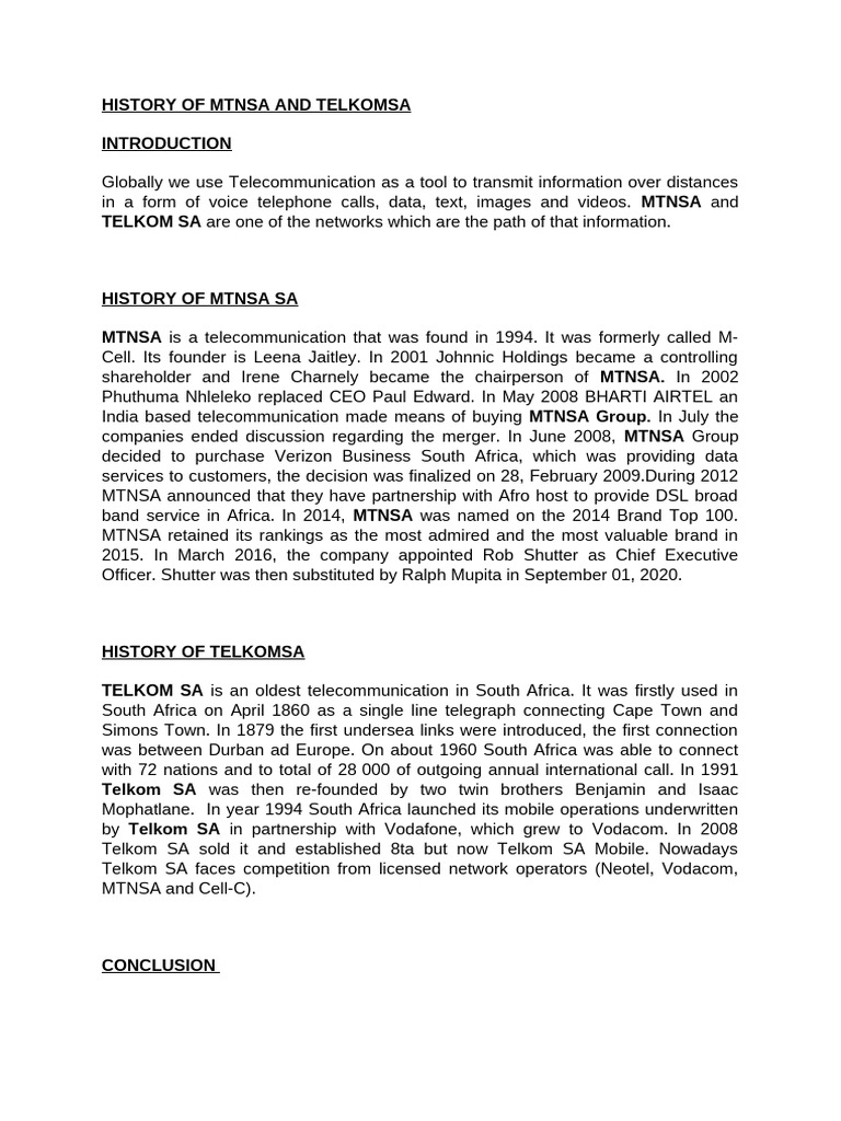 History of MTN and Telkom | PDF | Telecommunications | Service Industries
