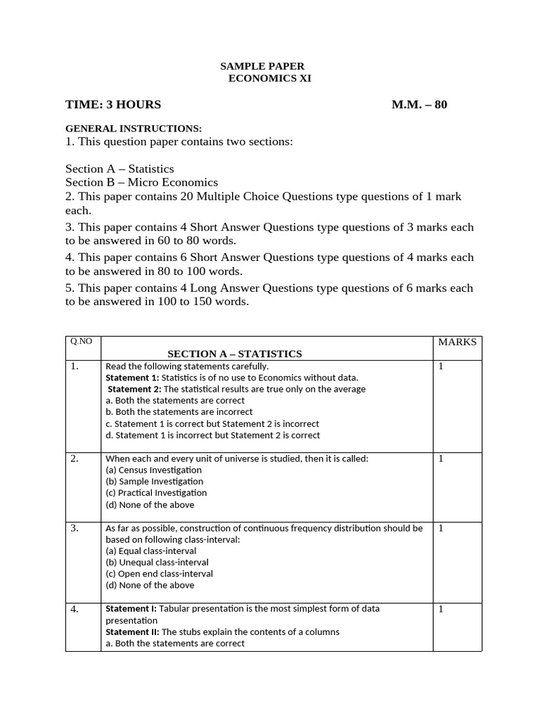 Sample Paper Eco XI | PDF | Mean | Statistics