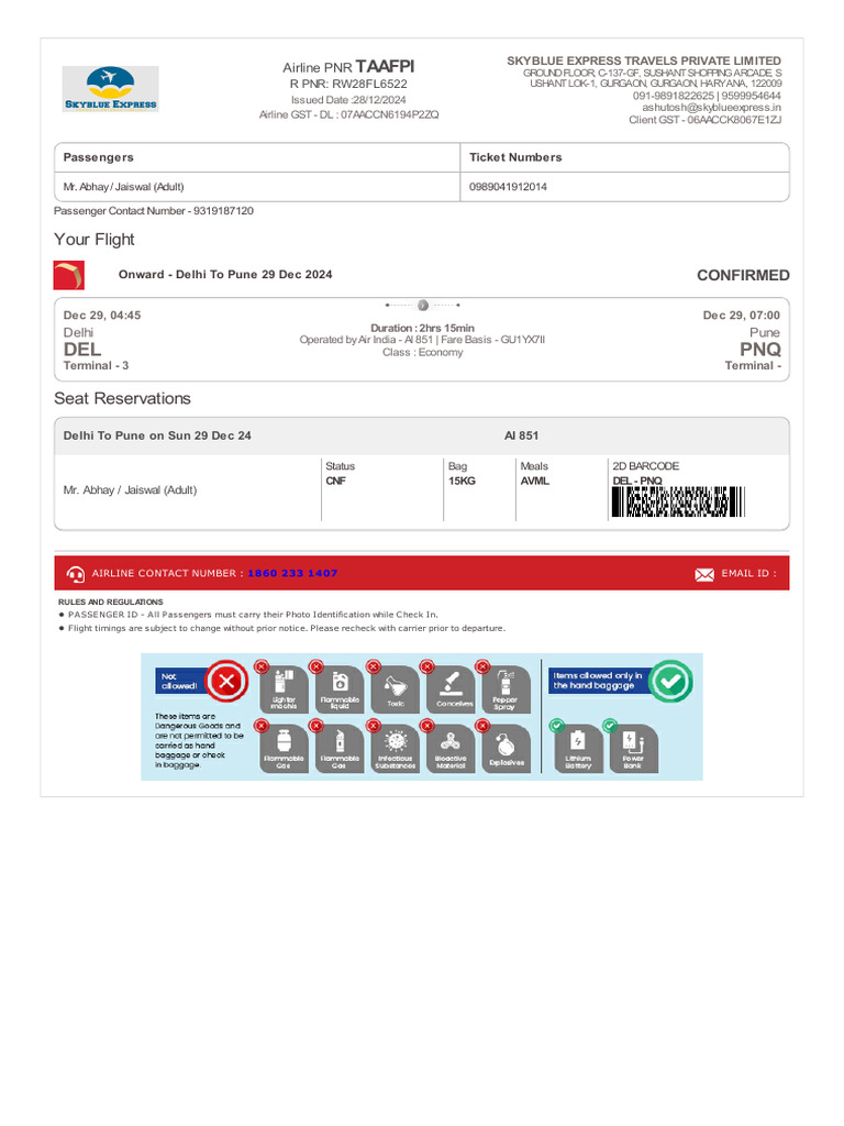 Mr. Abhay Jaiswal 29 DEC 24 DEL-PNQ (2) | PDF | Aviation | Airlines