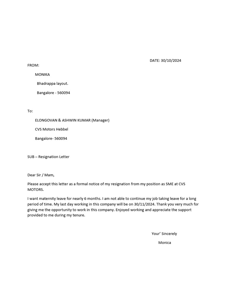 Resignation Letter from SME at CVS Motors | PDF