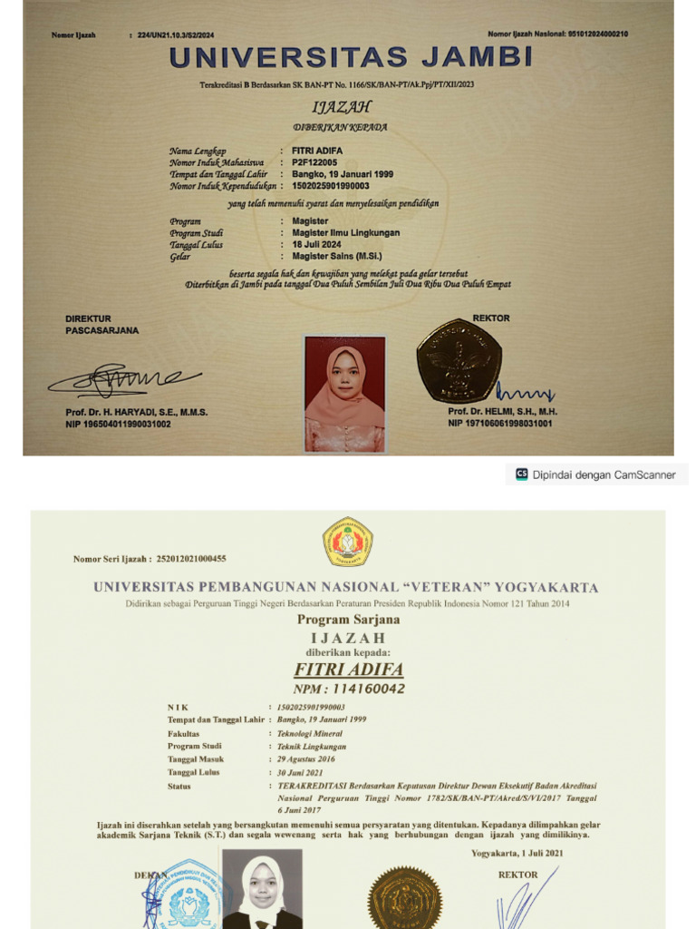 Ijazah S2 & S1 Fitri Adifa | PDF