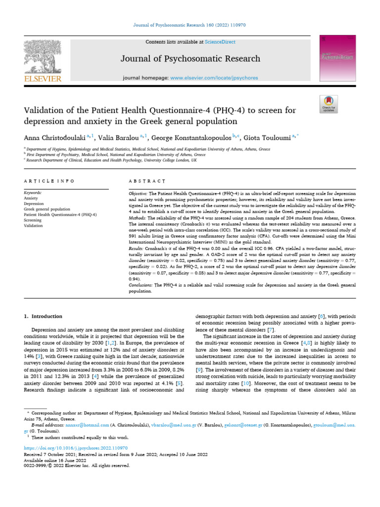 PHQ-4 Validation for Greek Anxiety & Depression | PDF | Mental Disorder ...