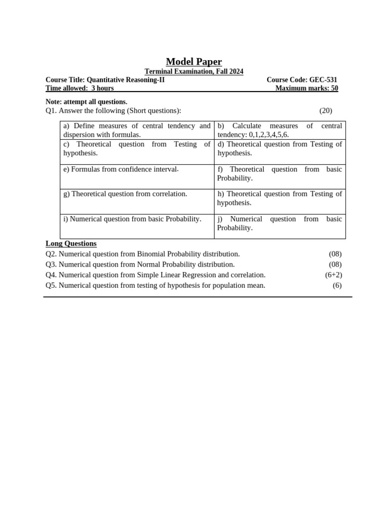 Model Paper Quantitative Reasoning-II (Fall-2024) | PDF