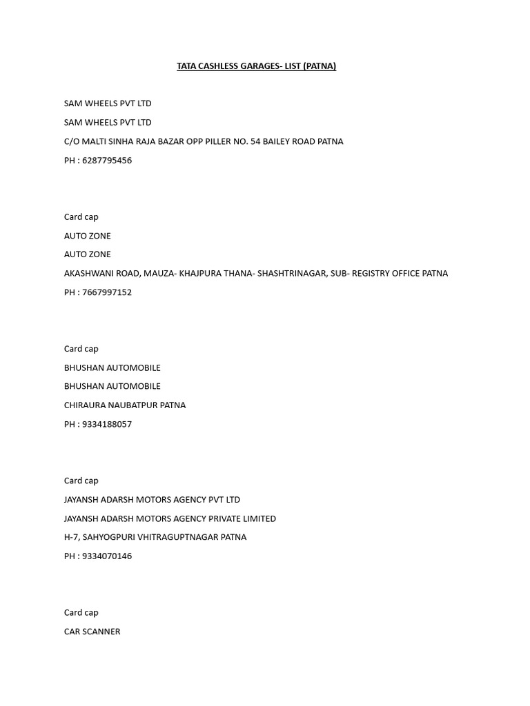 Tata Cashless Garages | PDF