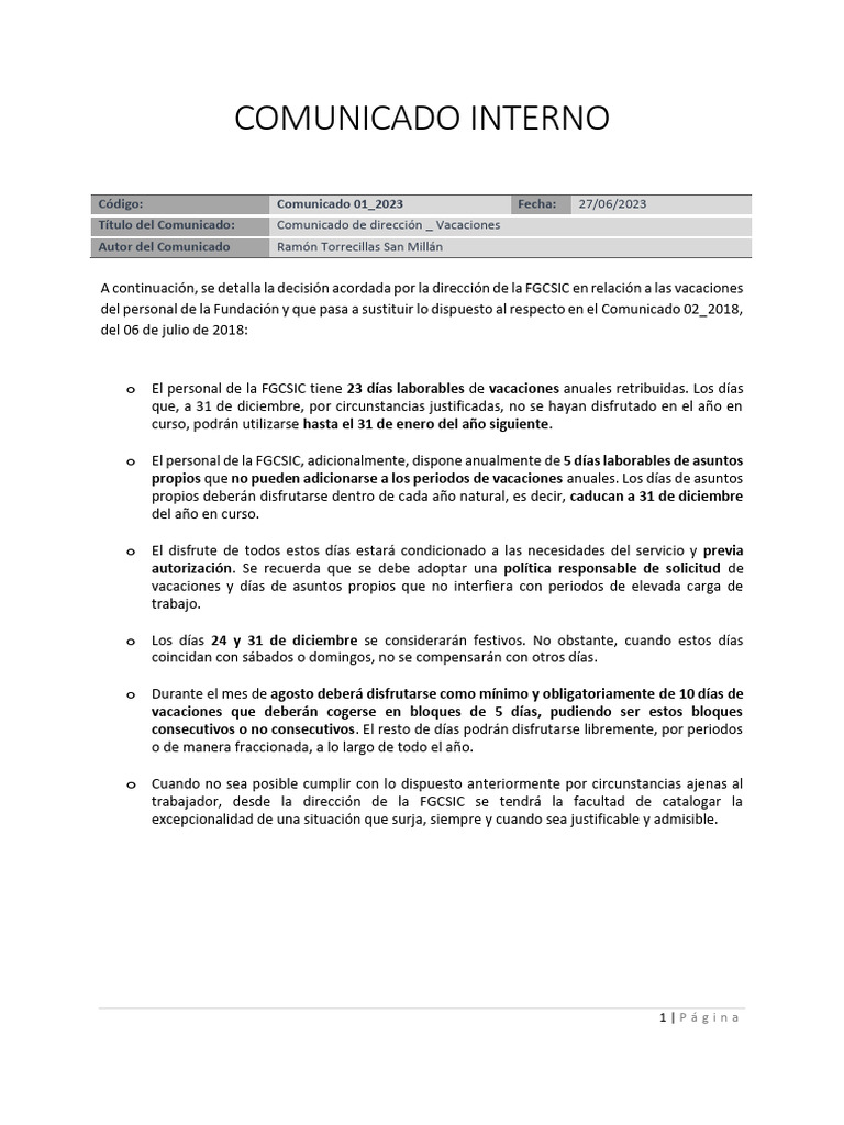 20230627_comunicado Interno Fgcsic Vacaciones y Asuntos Propios | PDF
