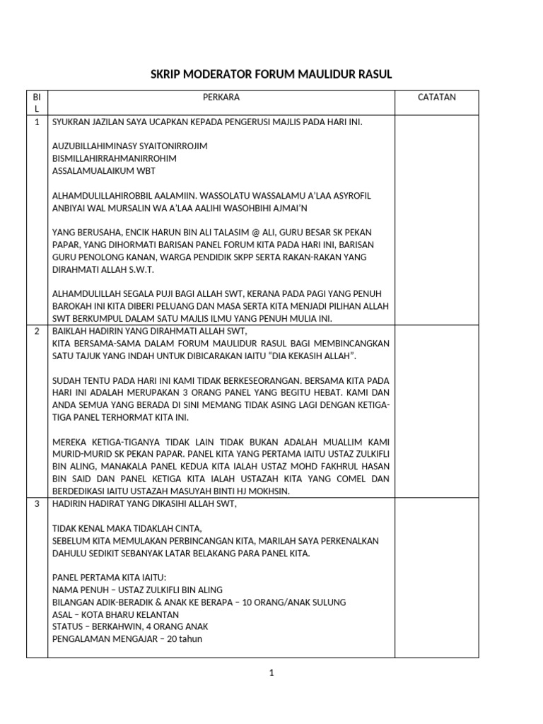 Teks Moderator Forum Maudlidur Rasul | PDF