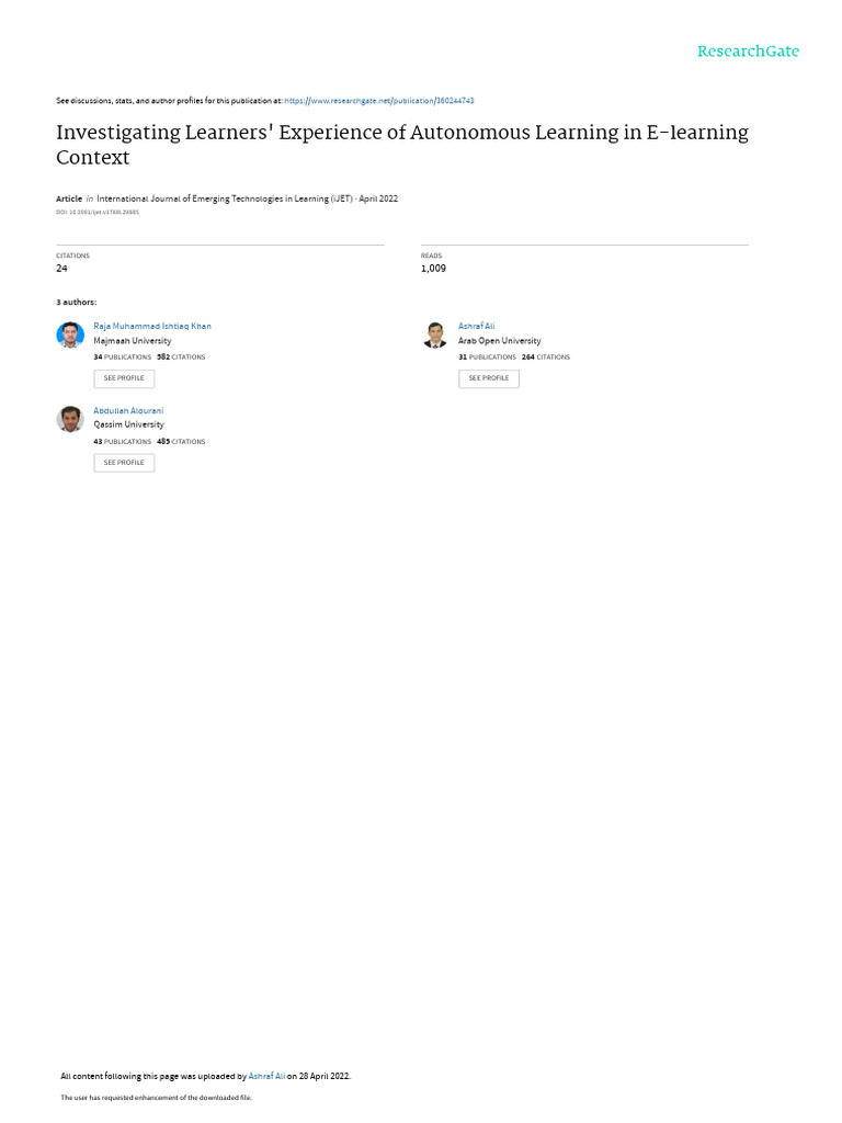 Learners' Autonomous Learning in E-Learning | PDF | Educational Technology | Learning