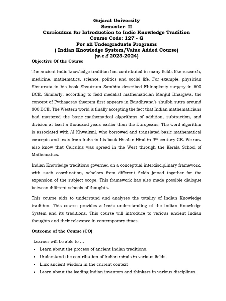 127 G Curriculum For Introduction To Indic Knowledge Tradition Nep ...