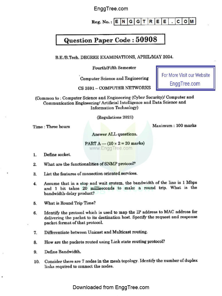 CS3591 Computer Networks Apr May 2024 Question Paper Download | PDF