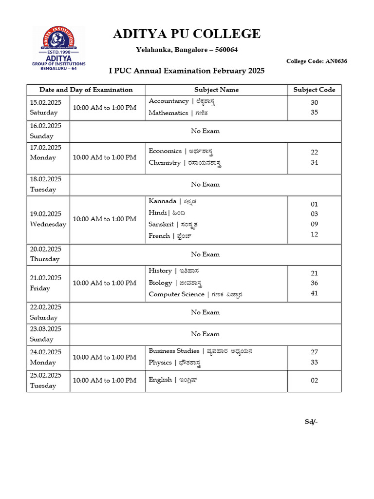 I PUC Examination Time Table-2 | PDF
