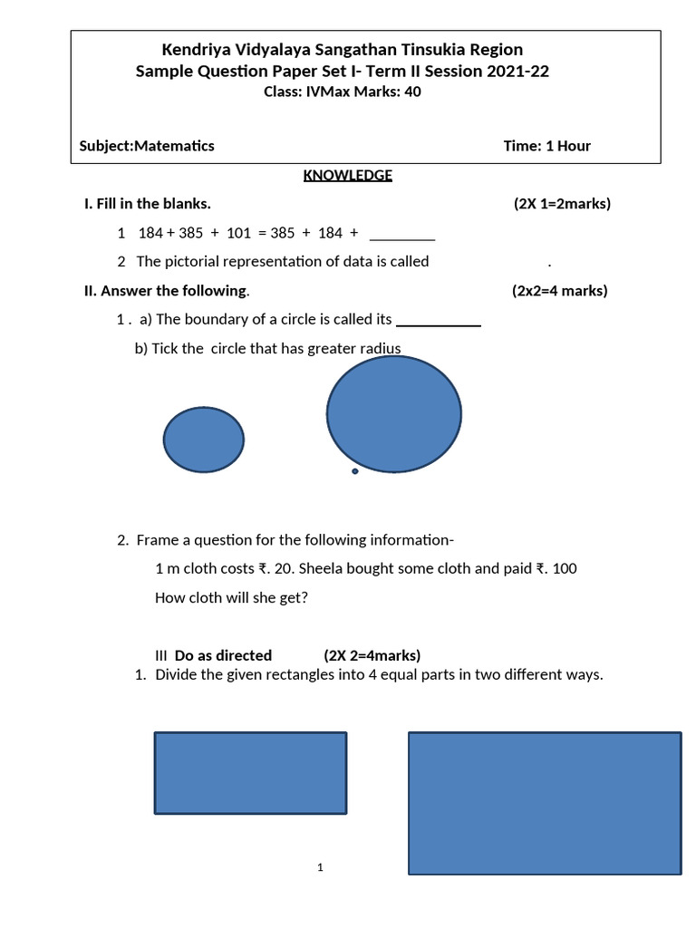 Class IV Mathematics Sample Paper 2021-22 | PDF