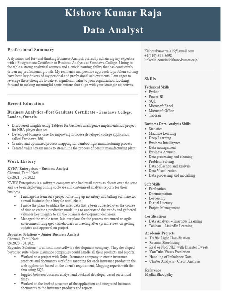 Resume - Kishore - Kumar - Raja DA | PDF | Business Intelligence | Data Analysis