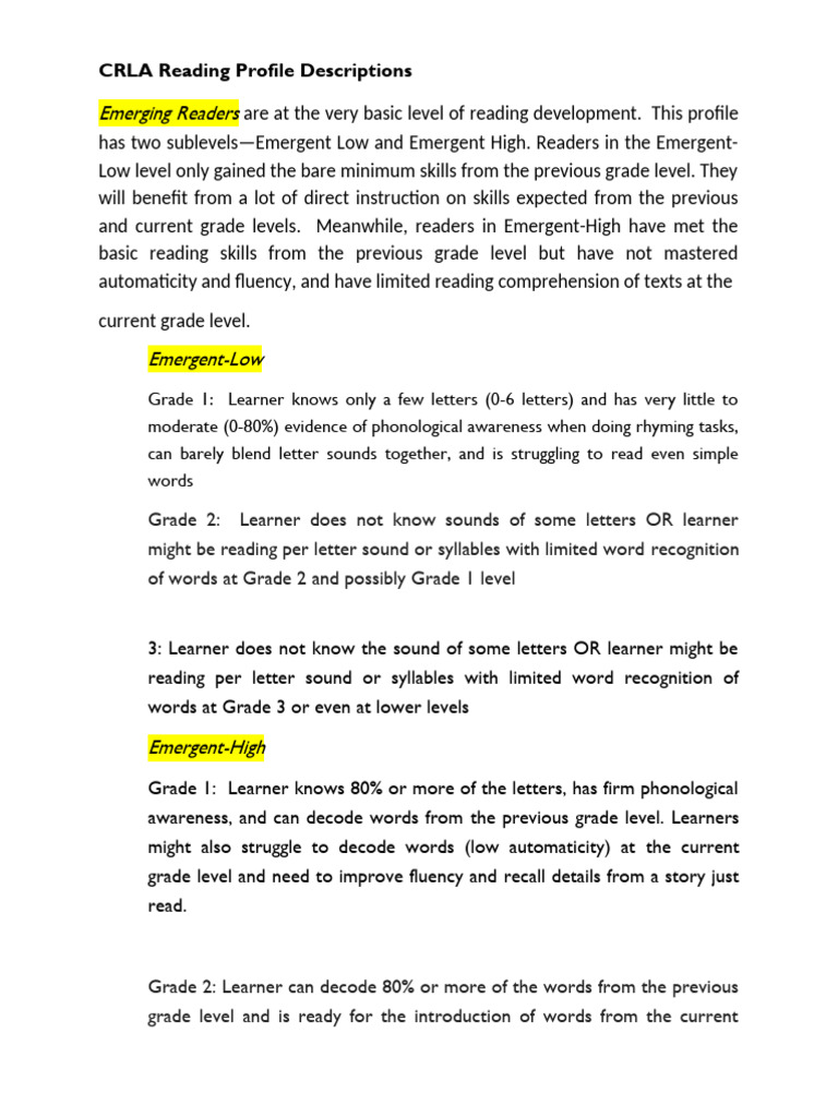 CRLA Profile: Emerging Reader Levels | PDF | Fluency | Pedagogy