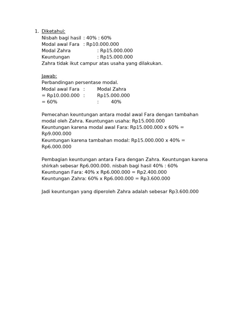 Contoh Perhitungan Nisbah Bagi Hasil Mudharabah | PDF