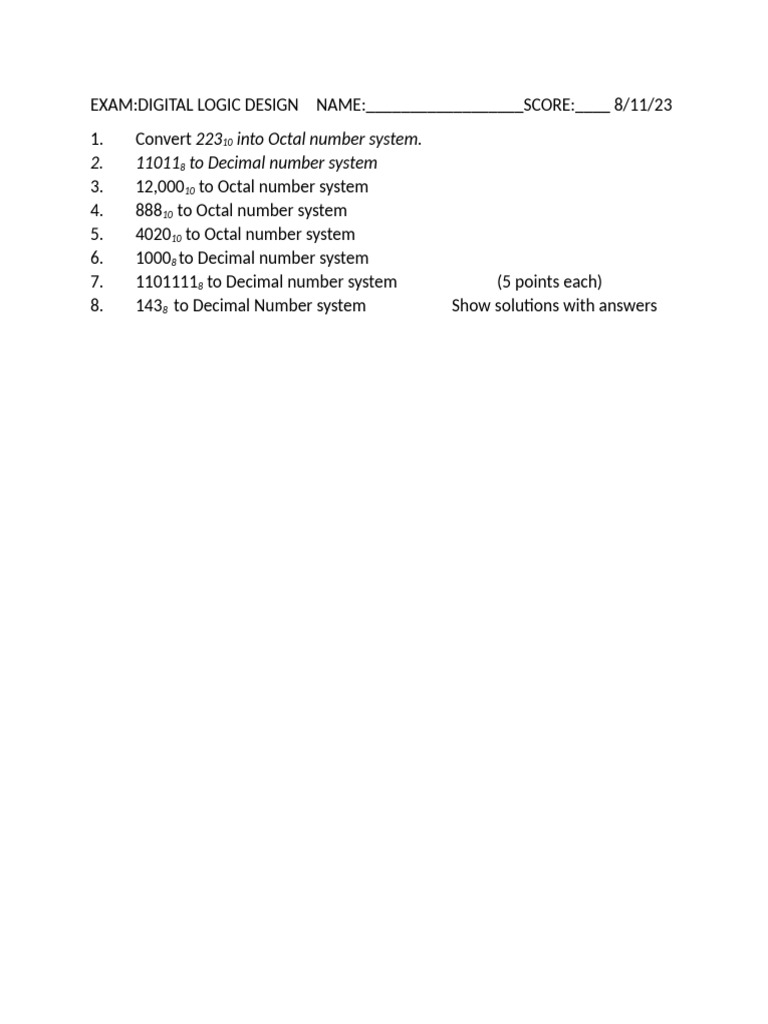 Digital Logic Design Exam Solutions | PDF