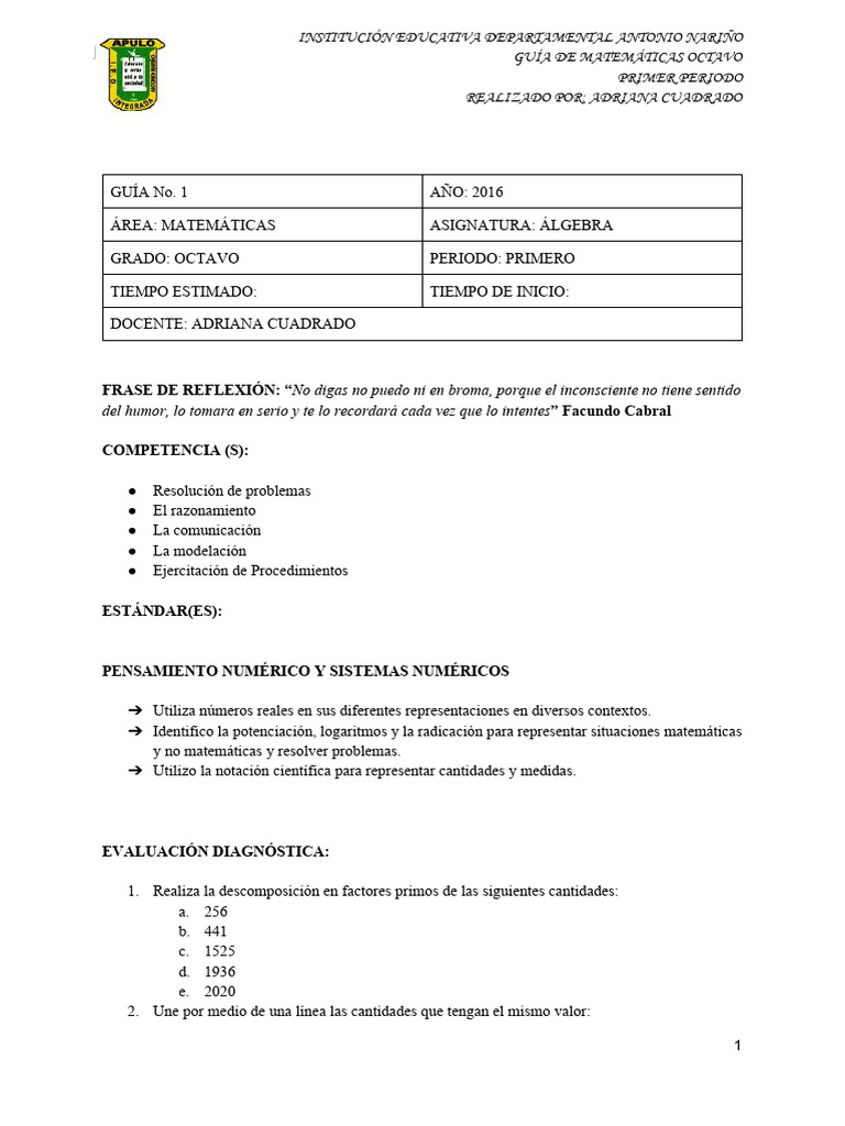 Guía de Matemáticas 8° Grado | PDF | Exponenciación | Números