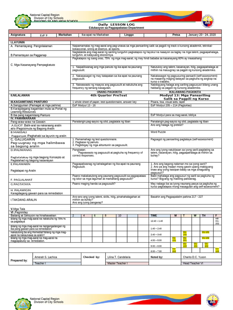 EsP DAILY LOG 2019 20 Mod. 13 Pretest | PDF