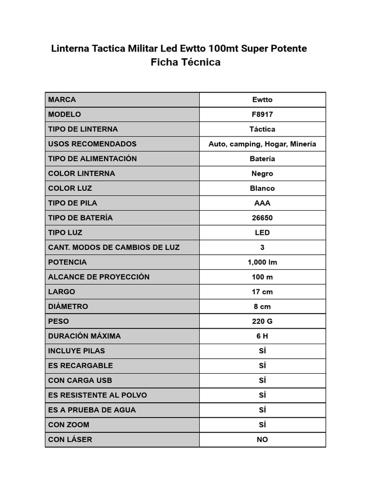 Ficha Técnica Linterna Táctica | PDF