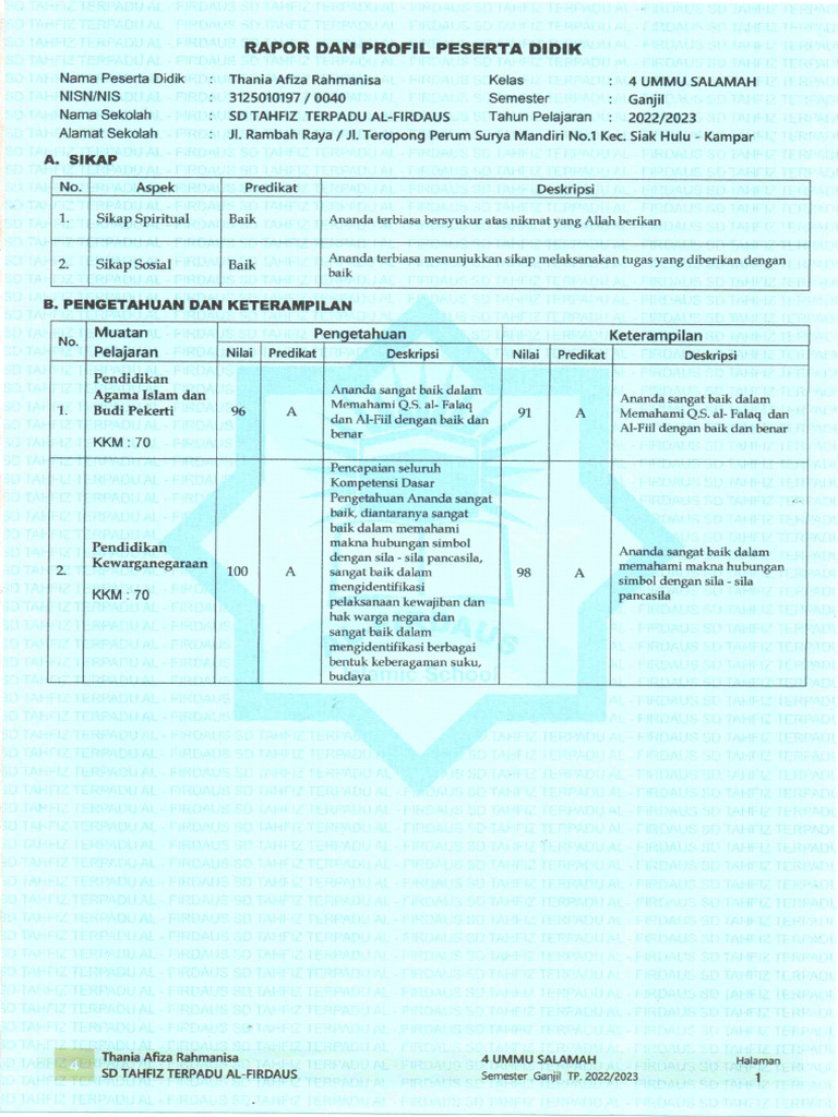 Rapor Kelas 4 Ganjil | PDF