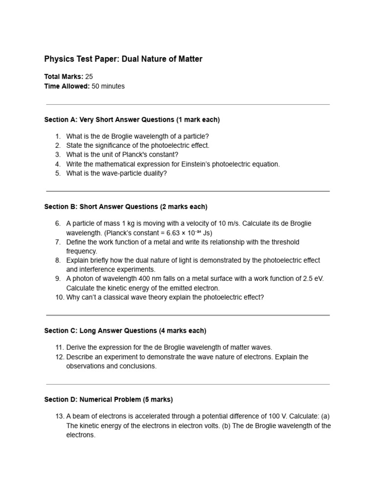 Physics Test Paper - Dual Nature of Matter | PDF | Electron ...
