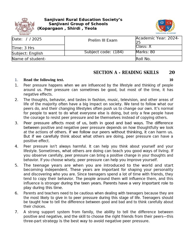 Class X English Prelim Exam Paper | PDF | Nasa | Adolescence