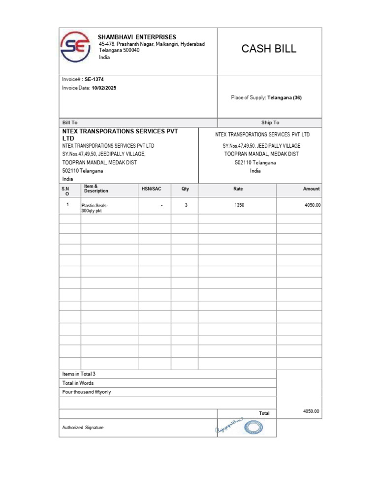 Invoice SE-1374 for Plastic Seals | PDF