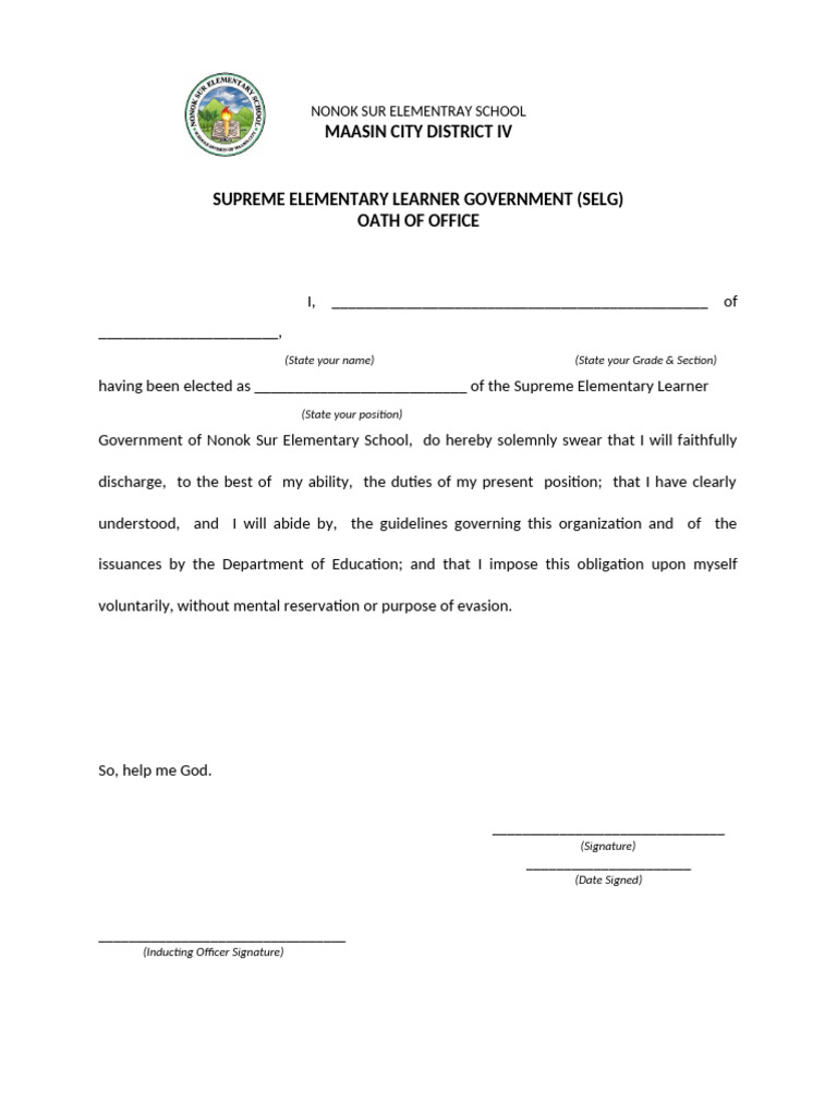 SELG and Homeroom Officers Oath Template | PDF | Oath Of Office ...