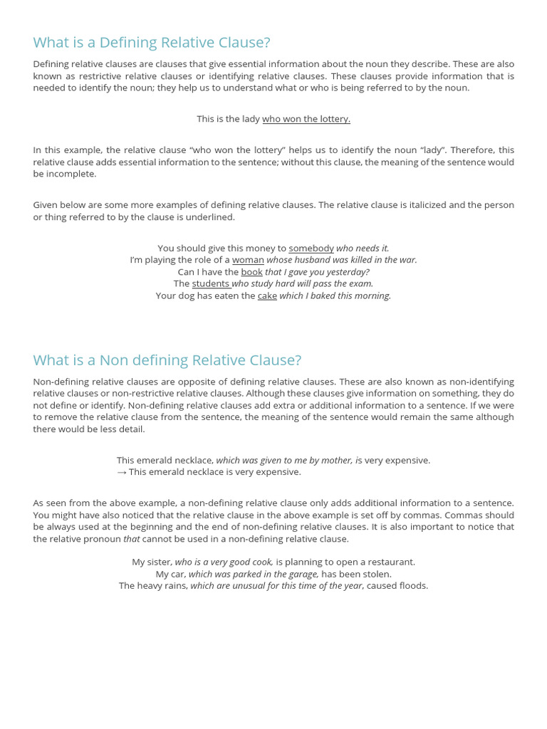 Defining Non Defining 1bat | PDF | Clause | Sentence (Linguistics)