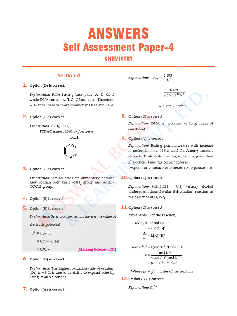 Chemistry Self Assessment Answers | PDF | Base Pair | Dna