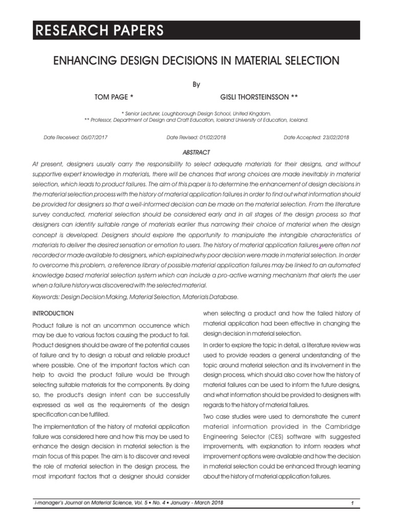 Page and Thorsteinsson - Enhancing Design Decisions in Material Selection | PDF | Design | Knowledge