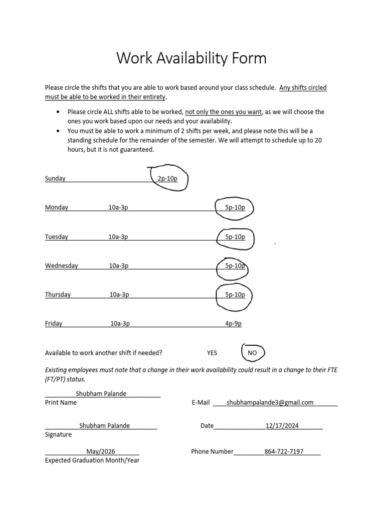 Work Availability Form Students 2025 | PDF