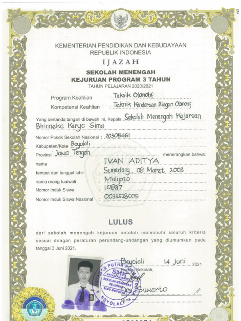 Ijazah SMK Ivan Aditya | PDF