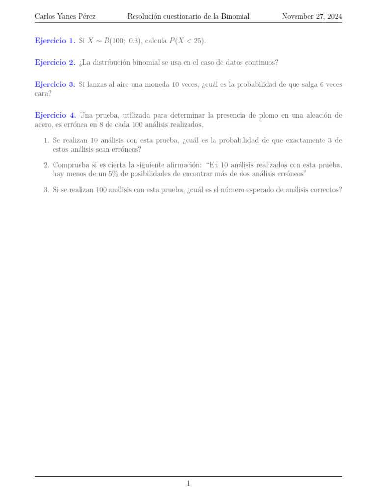 Resolución Ejercicios Cuestionario Binomial | PDF
