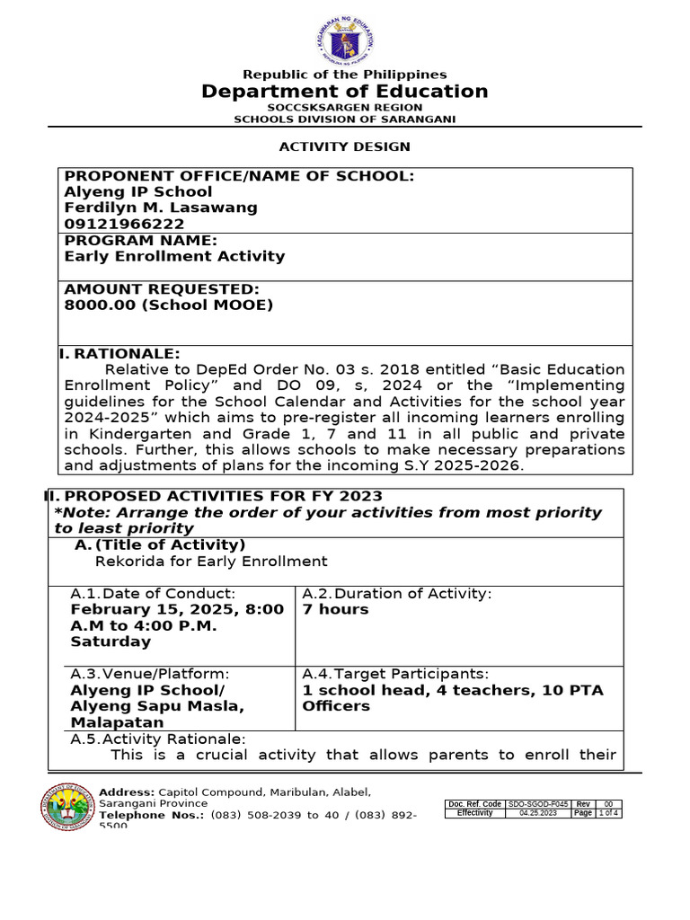 Early Enrollment Plan for 2025-2026 | PDF