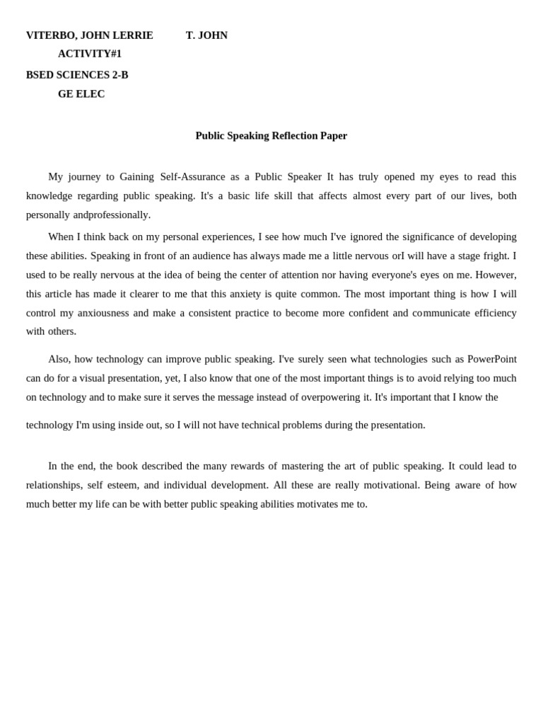Public Speaking Reflection Paper (Viterbo) | PDF