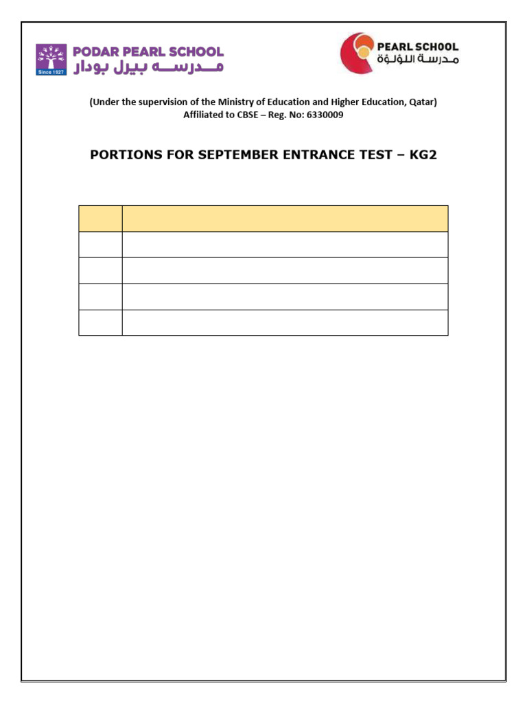 KG2 Entrance Test Syllabus Mid Term | PDF