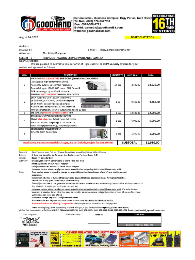 HIKVISION CCTV Quotation for Indorama | PDF | Electronic Engineering ...