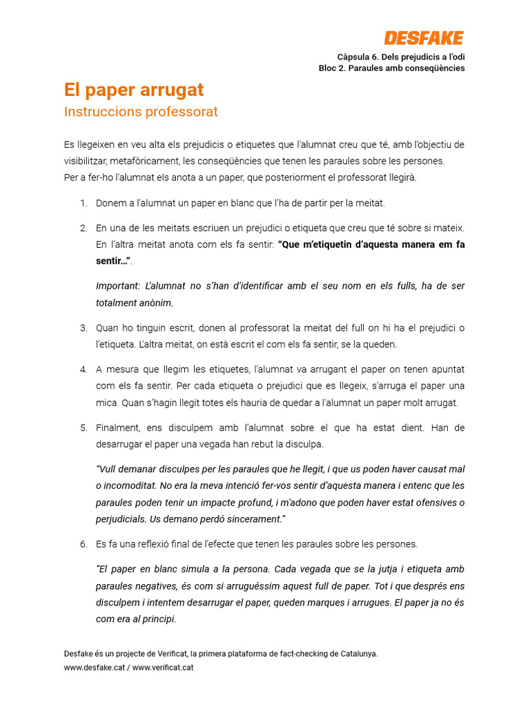 El Paper Arrugat - Instruccions Professorat | PDF